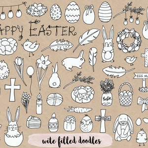 Easter Clipart. Hand Drawn Easter Egg Clip Art. Black & White Spring ...