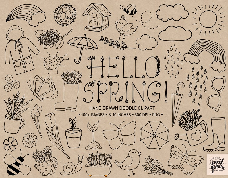 Black & White Spring Clipart. Hand Drawn Floral Clip Art. - Etsy