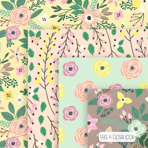 Pastel Floral Digital Paper. Peach, Mint, Yellow, Taupe Scrapbooking ...