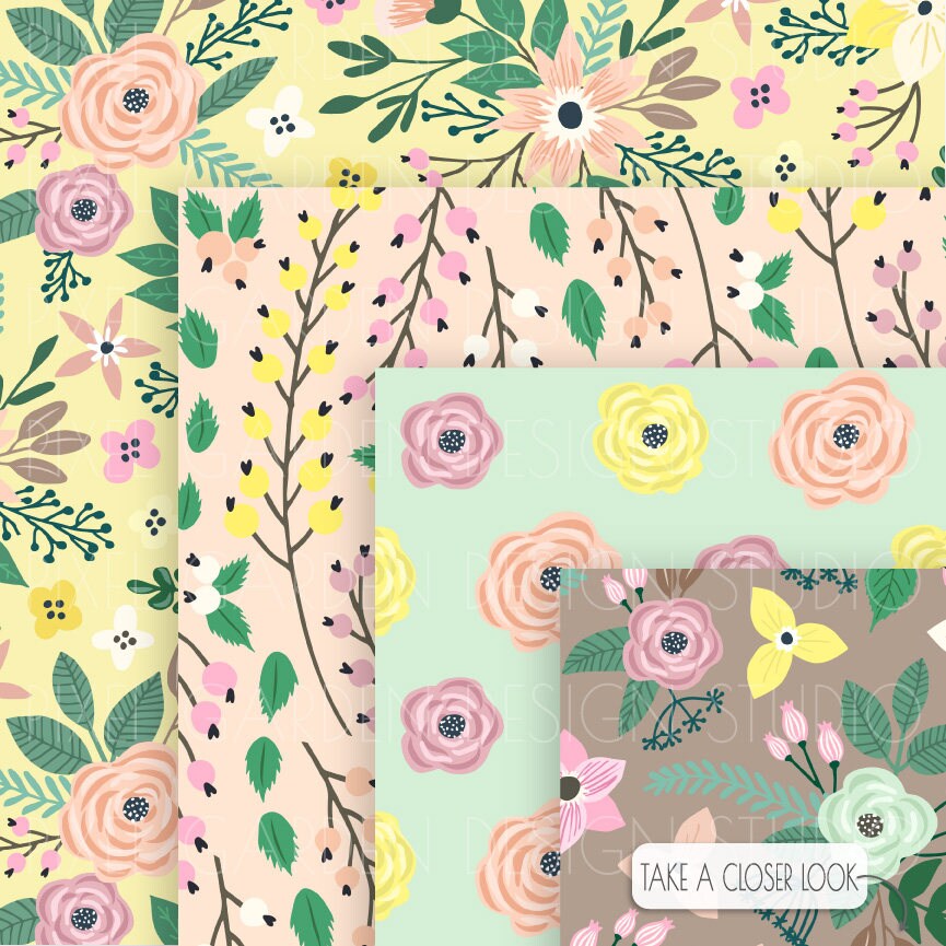 Pastel Floral Digital Paper. Peach, Mint, Yellow, Taupe Scrapbooking ...