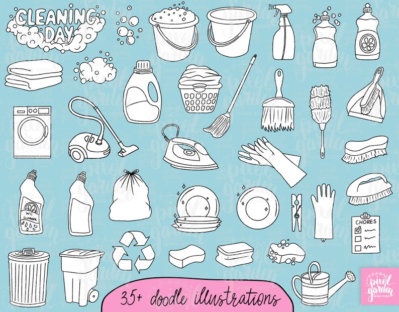 Hand Drawn Chores Clip Art. Black, White Doodle Kids Chores Planner ...