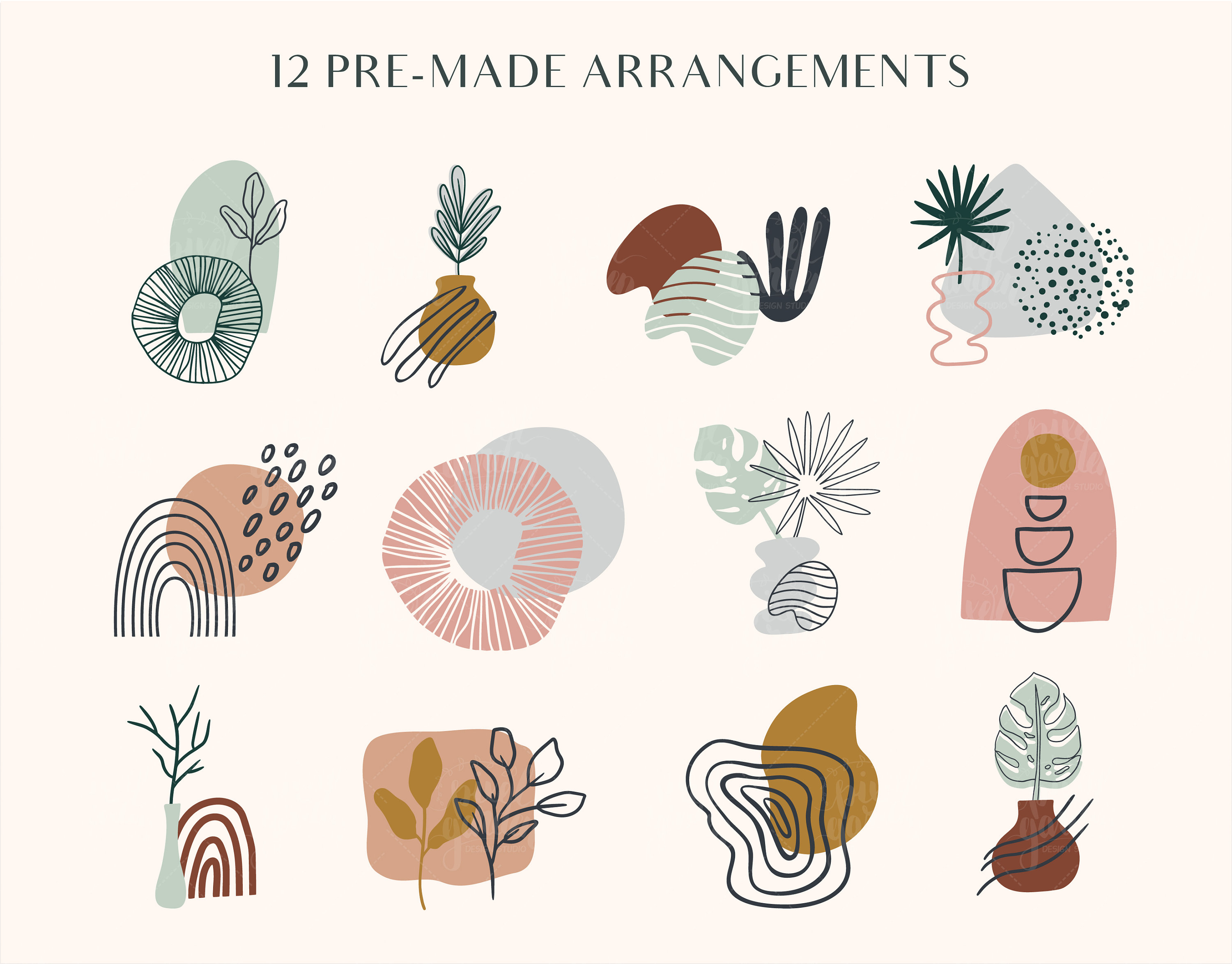 Abstract Boho Clip Art. Organic Abstract Collage Element Clipart. Neutral Geometric Shapes. Hand ...