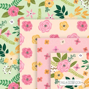 Bright Floral Digital Paper. Pink, Mint, Peach Cottage Chic ...