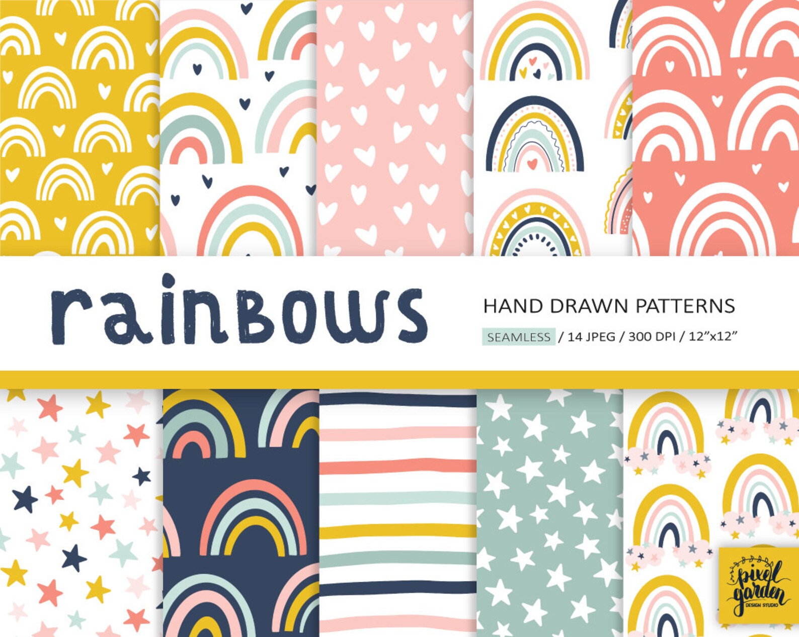 Rainbows Digital Paper. Hand Drawn Nursery Art. Boho Rainbow ...