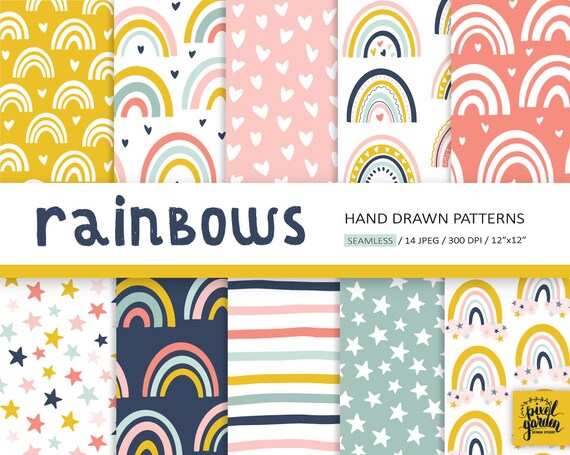 Rainbows Digital Paper. Hand Drawn Nursery Art. Boho Rainbow | Etsy