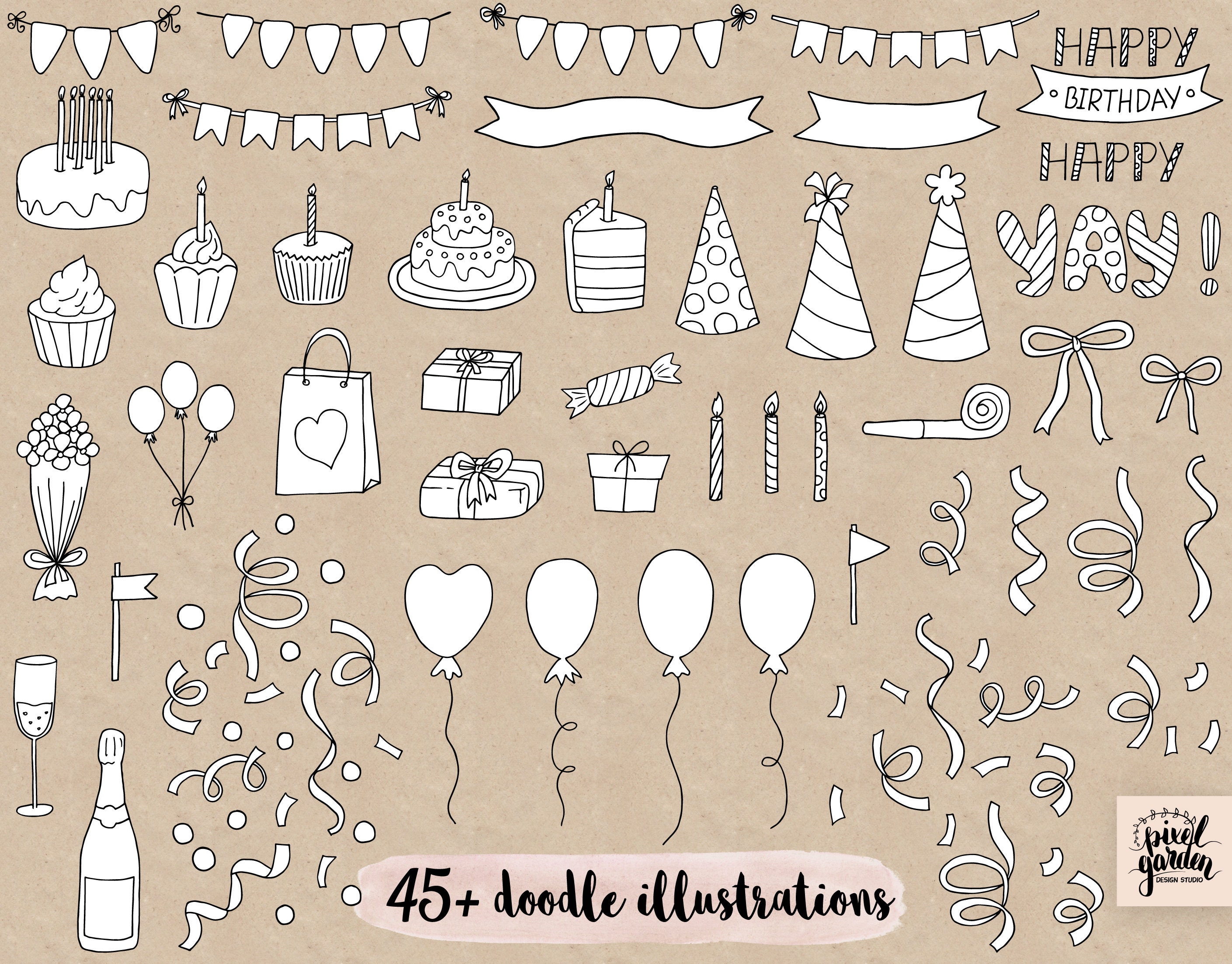 Birthday Clipart. Hand Drawn Birthday Clip Art. Celebration Clipart ...