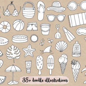 Black & White Summer Clipart. Hand Drawn Beach, Vacation, Holiday Clip ...