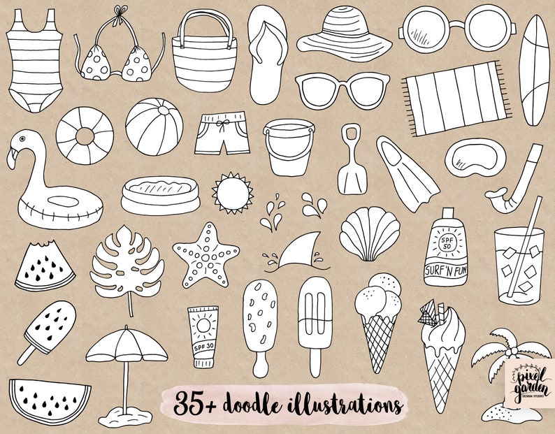Black & White Summer Clipart. Hand Drawn Beach Vacation | Etsy