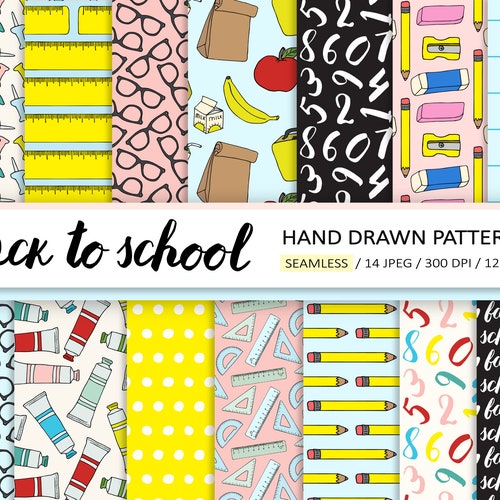 Back to School Digital Paper. Hand Drawn Office Supplies - Etsy