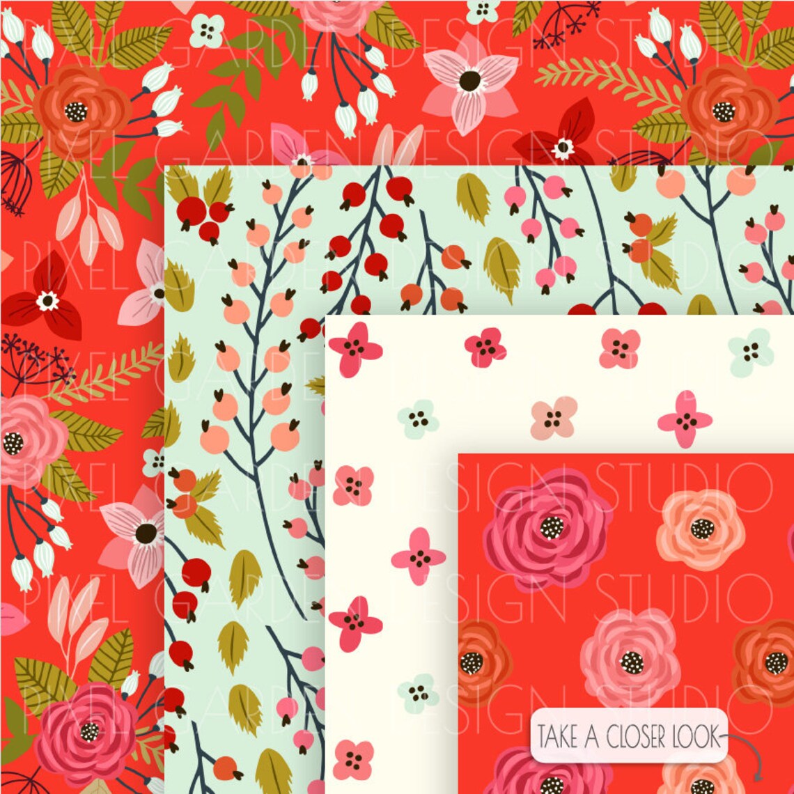 Mint Floral Digital Paper. Red Mint Ivory Peony Rose - Etsy