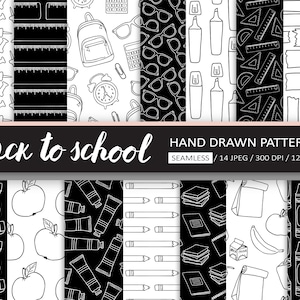 Black & White Back to School Digital Paper. Hand Drawn Student, Teacher ...
