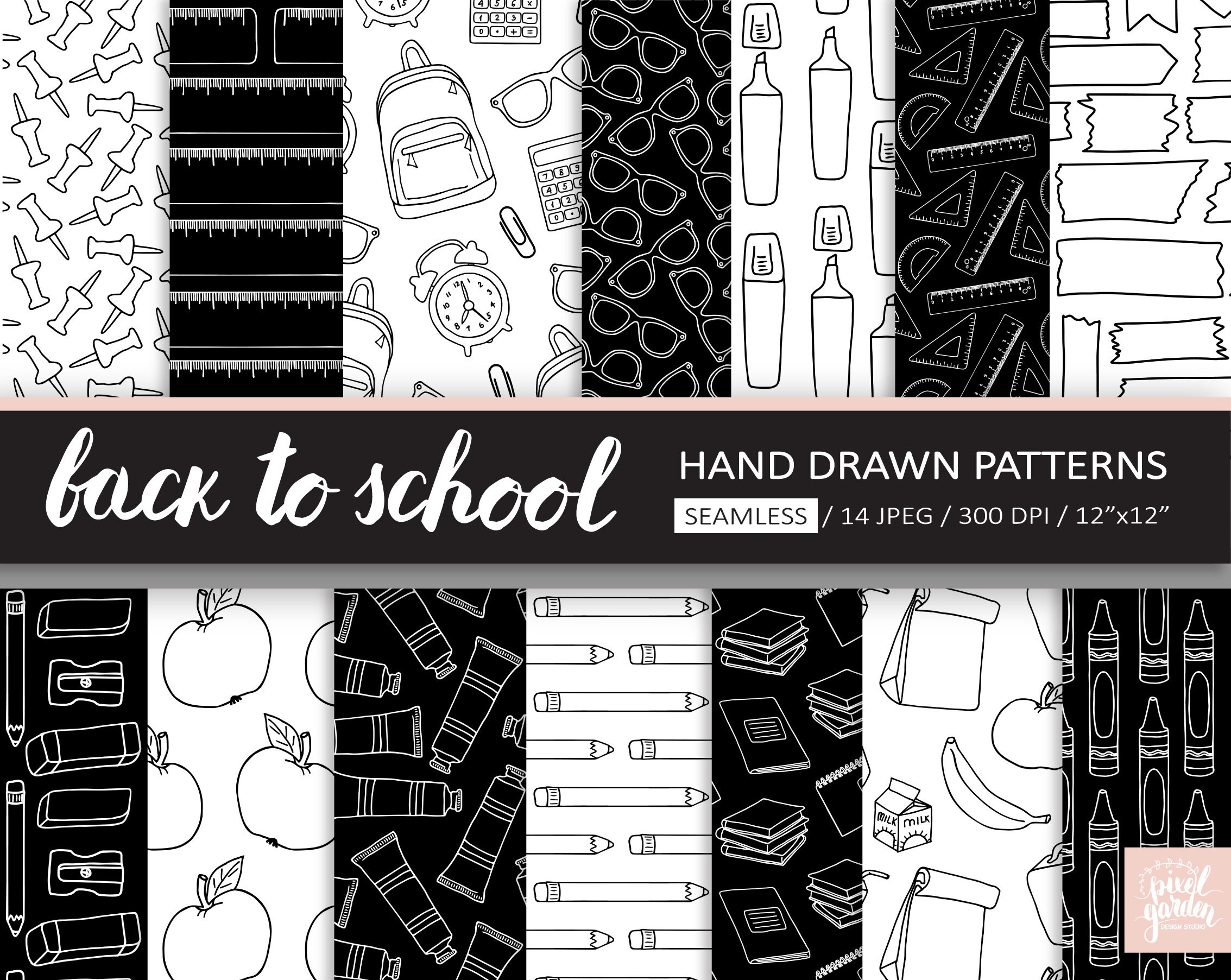 Black & White Back to School Digital Paper. Hand Drawn Student, Teacher ...