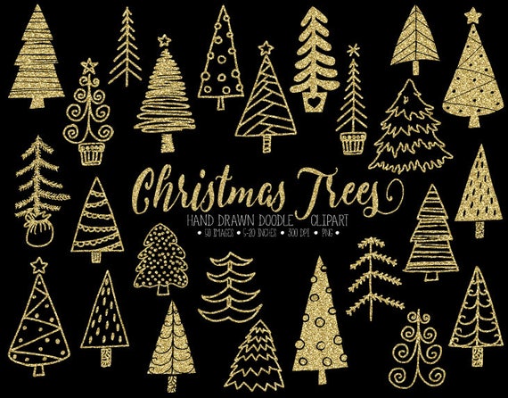Glitter Christmas Tree Clipart. Gold Christmas Illustration. | Etsy