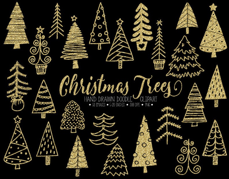 Glitter Christmas Tree Clipart. Gold Christmas Illustration. Hand Drawn ...