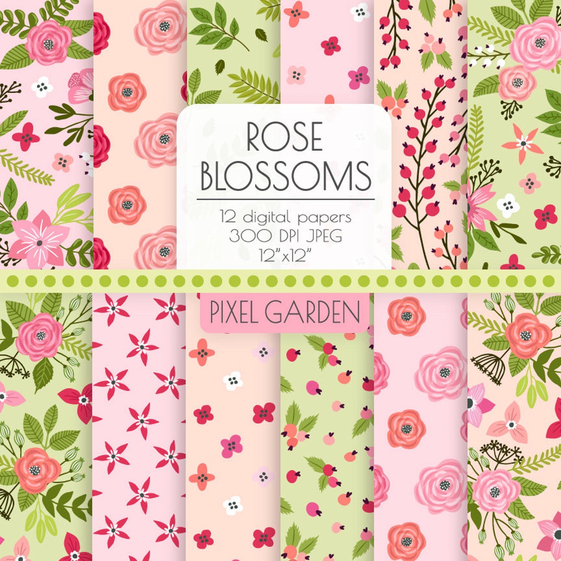 Rose Floral Digital Paper. Pink, Green Hand Drawn Peony, Rose Blossom ...