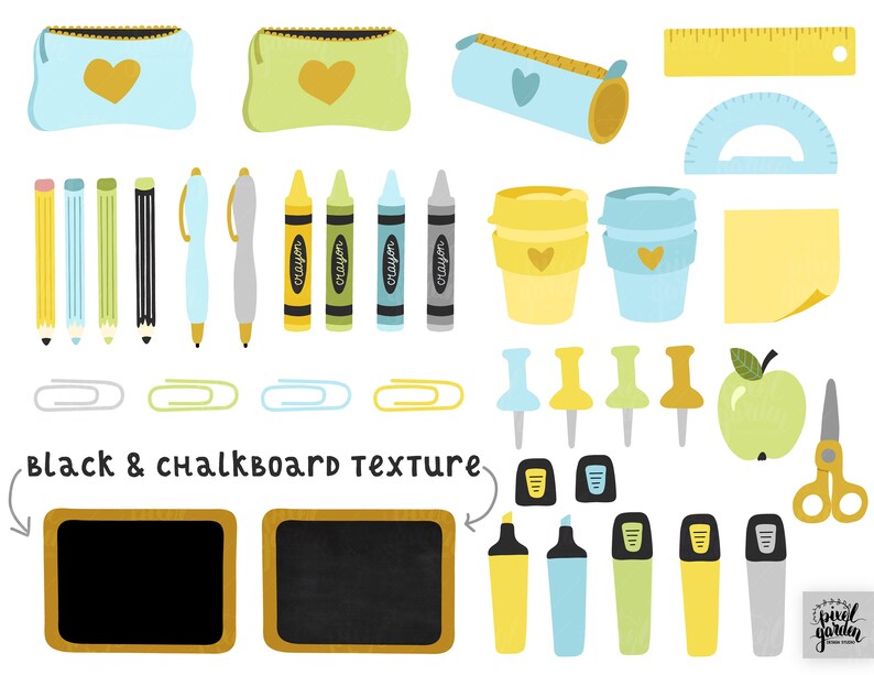 Back to School Clipart Set. Hand Drawn School Clipart. Blue Office ...