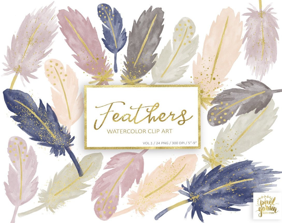 Watercolor Feather Clipart. Pastel Tribal Boho Clip Art. Gold | Etsy