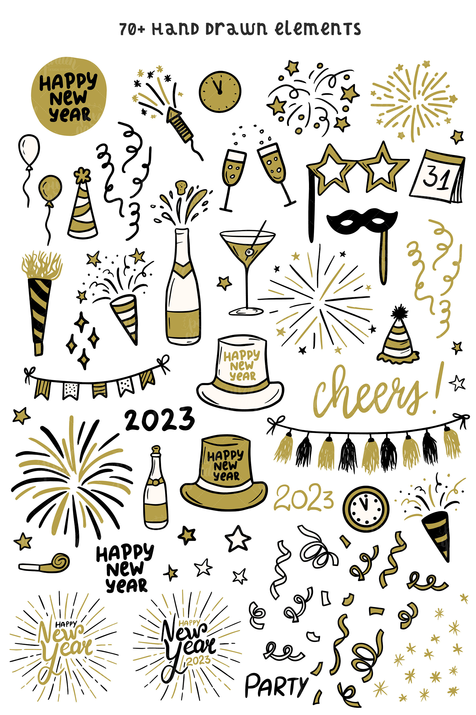 Happy New Year Clipart. Hand Drawn Minimalist Illustrations. - Etsy