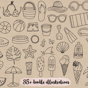 Black & White Summer Clipart. Hand Drawn Beach, Vacation, Holiday Clip ...