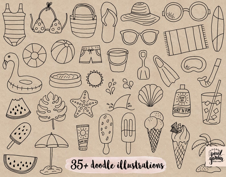 Black & White Summer Clipart. Hand Drawn Beach Vacation | Etsy