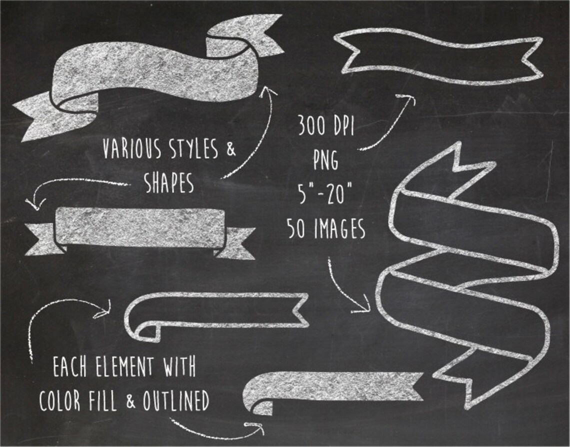 Chalkboard Banners Clip Art. Hand Drawn Ribbon Chalk Banners. - Etsy Canada