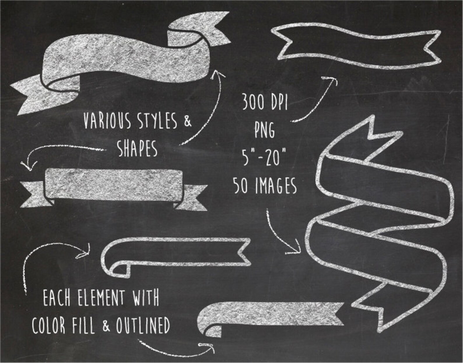 Chalkboard Banners Clip Art. Hand Drawn Ribbon Chalk Banners. - Etsy Canada