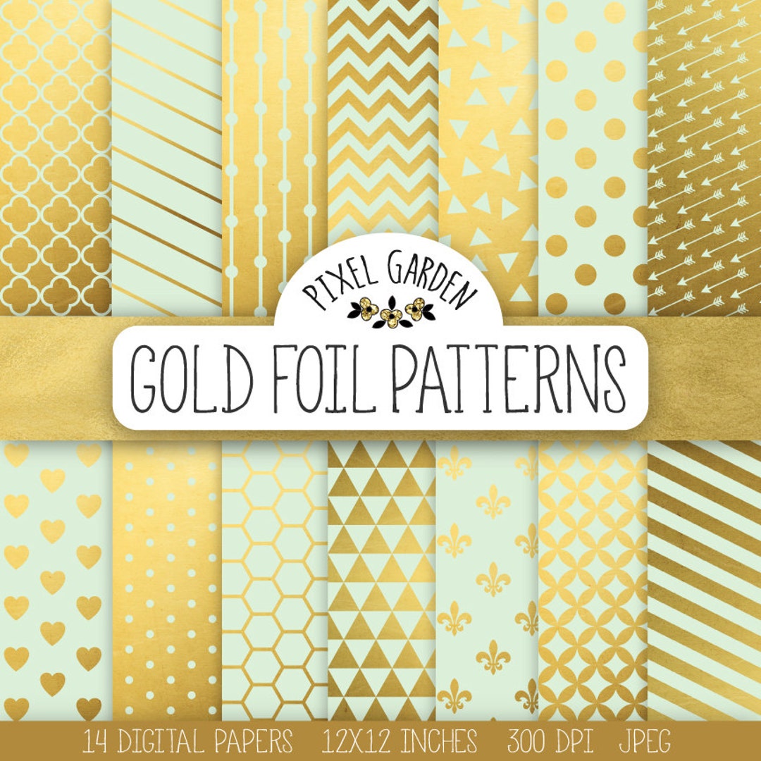 Gold & Mint Digital Paper. Gold Foil Scrapbook Paper. Mint, Gold ...