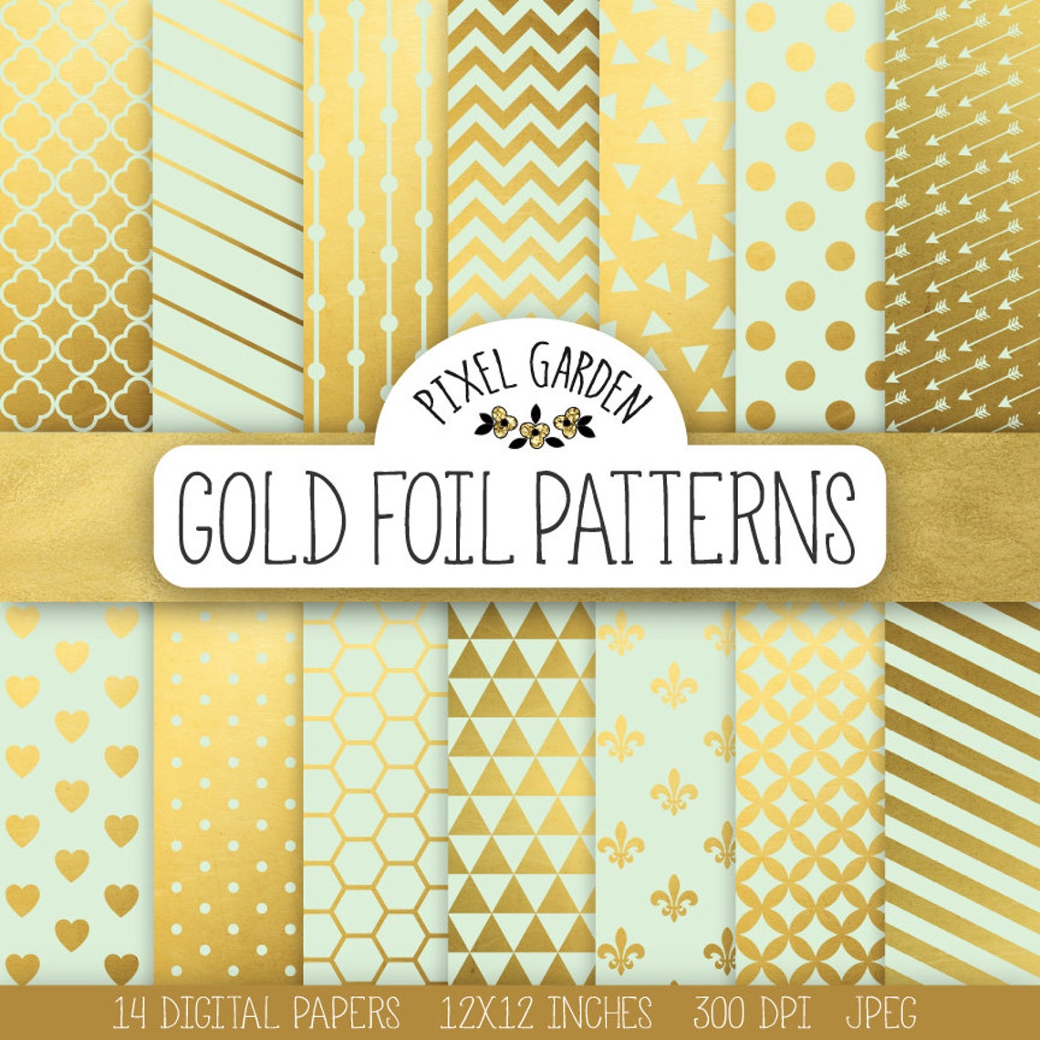 Gold & Mint Digital Paper. Gold Foil Scrapbook Paper. Mint | Etsy