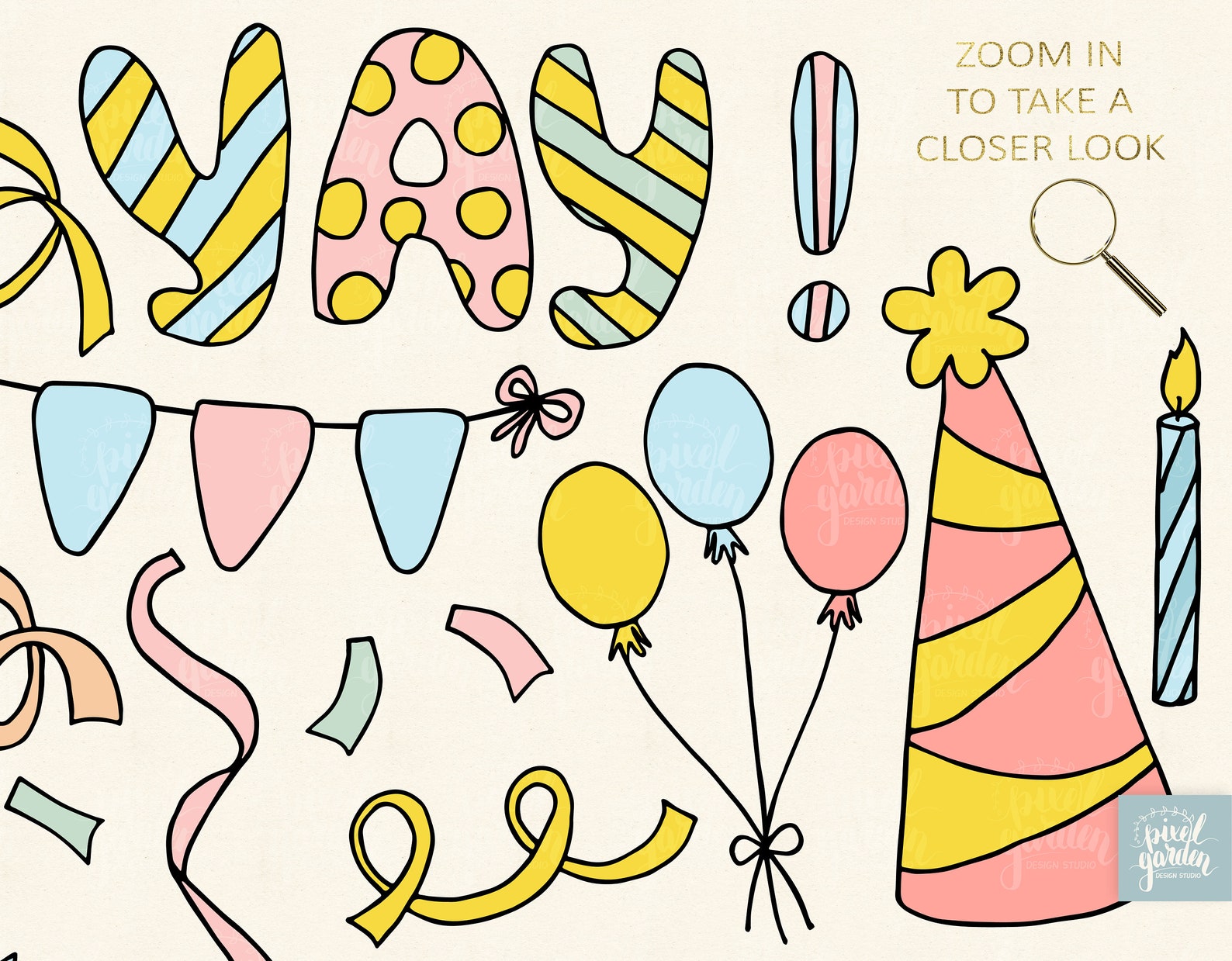 Birthday Clipart. Hand Drawn Birthday Clip Art. Celebration Clipart ...