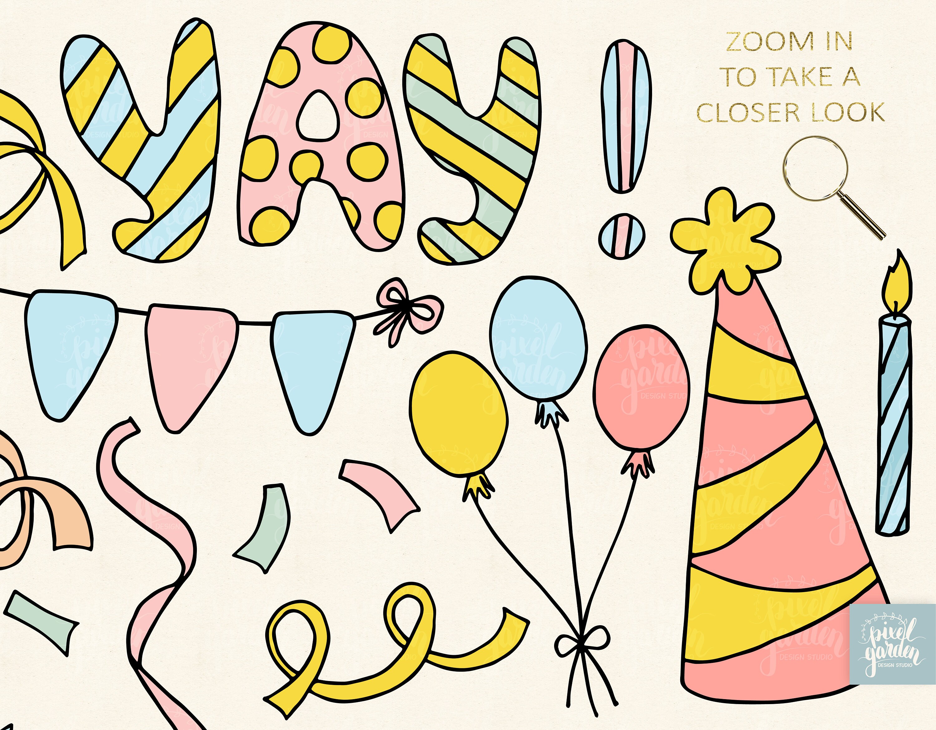 Birthday Clipart. Hand Drawn Birthday Clip Art. Celebration Clipart ...