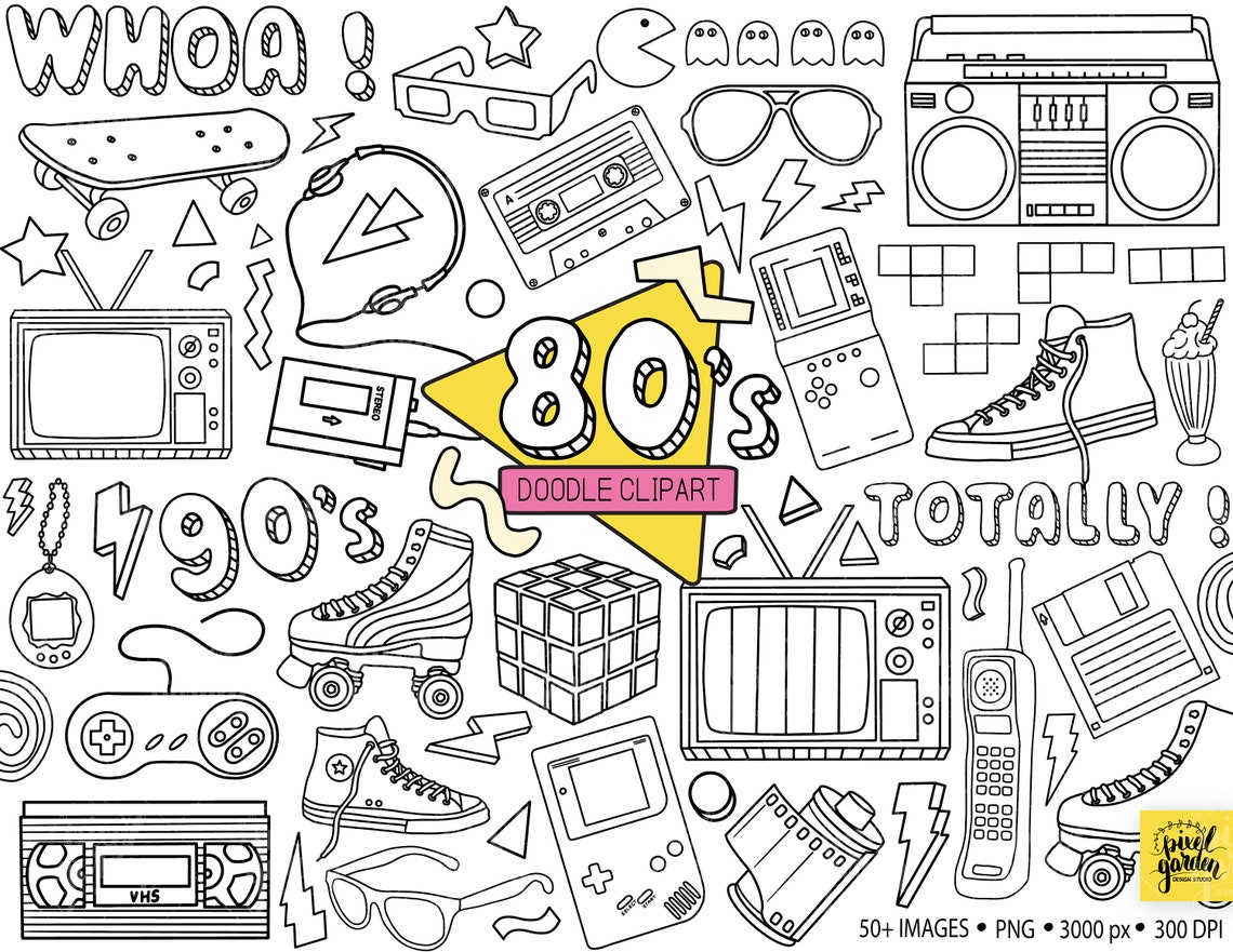 80s Doodle Clipart. Hand Drawn Eighties, Nineties Nostalgia Clip Art. 80s, 90s Roller Skate ...