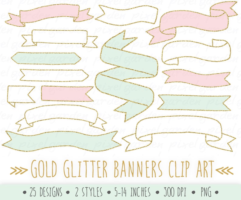 Gold Glitter Banners Clip Art. Hand Drawn Ribbon Banners. | Etsy