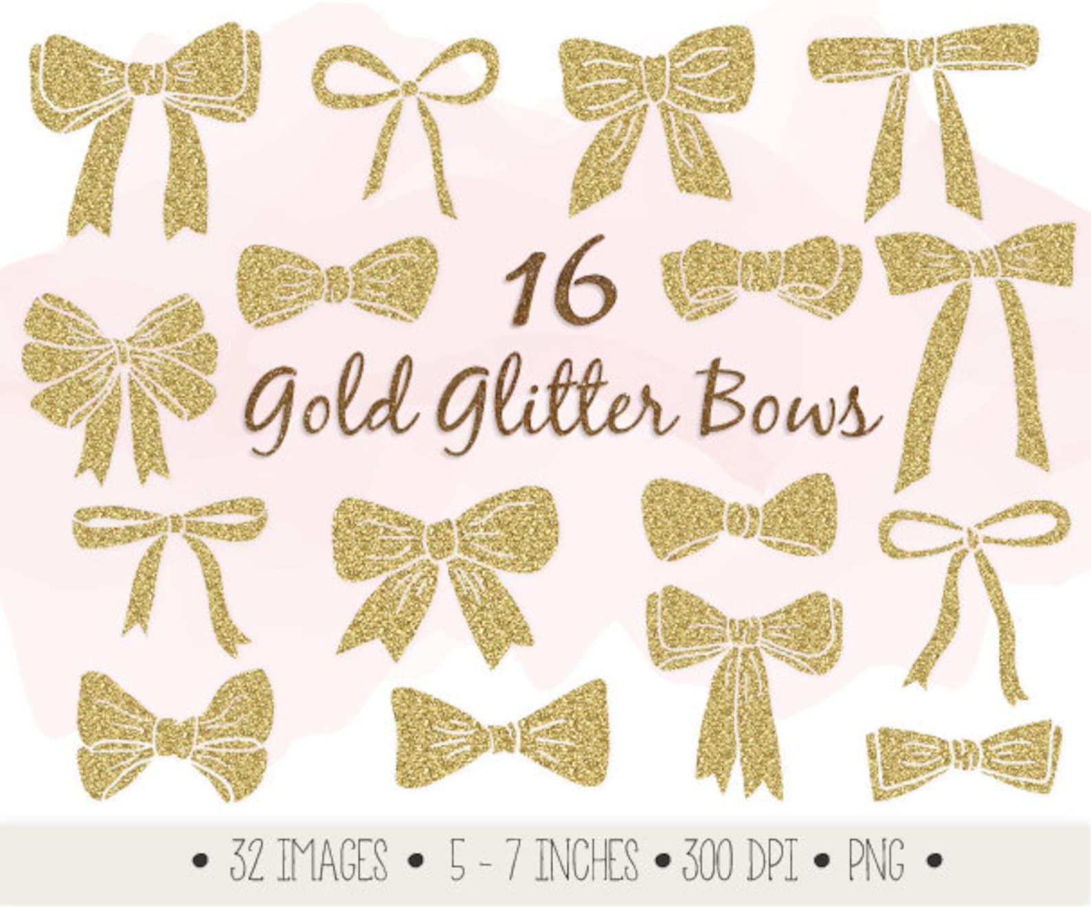 Gold Glitter Bows Clip Art. Gold Glitter Ribbons Clip Art. Hand Drawn ...
