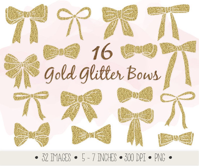 Gold Glitter Bows Clip Art. Gold Glitter Ribbons Clip Art. Hand Drawn ...