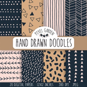 Hand Drawn Doodle Digital Papers. Navy and Pink Scribble Paper ...