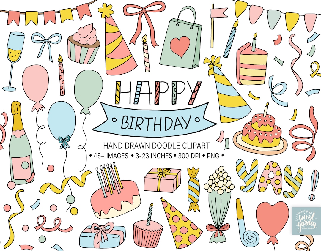 Birthday Clipart. Hand Drawn Birthday Clip Art. Celebration Clipart ...
