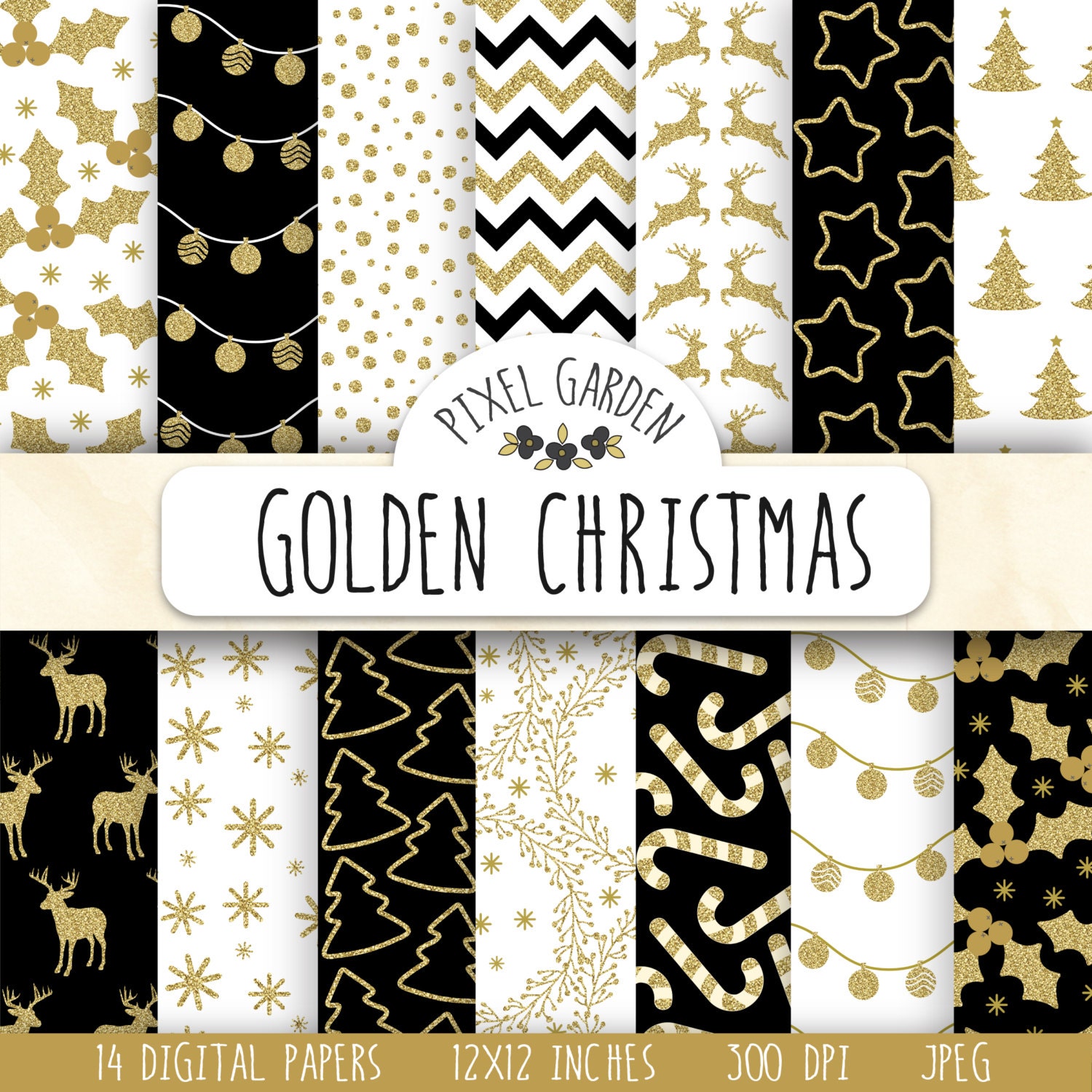 Gold Christmas Digital Paper. Gold Glitter Snowflake Deer | Etsy