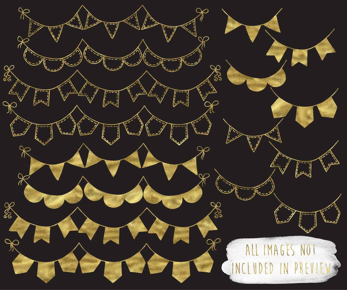 Gold Bunting Banner Clip Art. Gold Glitter Party Garland. Hand Drawn ...