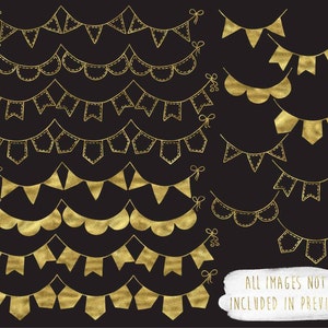 Gold Bunting Banner Clip Art. Gold Glitter Party Garland. Hand Drawn ...
