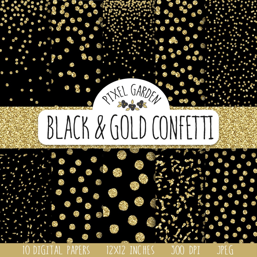 Gold Glitter Confetti Digital Paper. Black and Gold Confetti ...