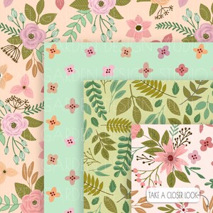 Mint, Pink Floral Digital Paper. Cottage Chic Scrapbook Paper. Hand ...