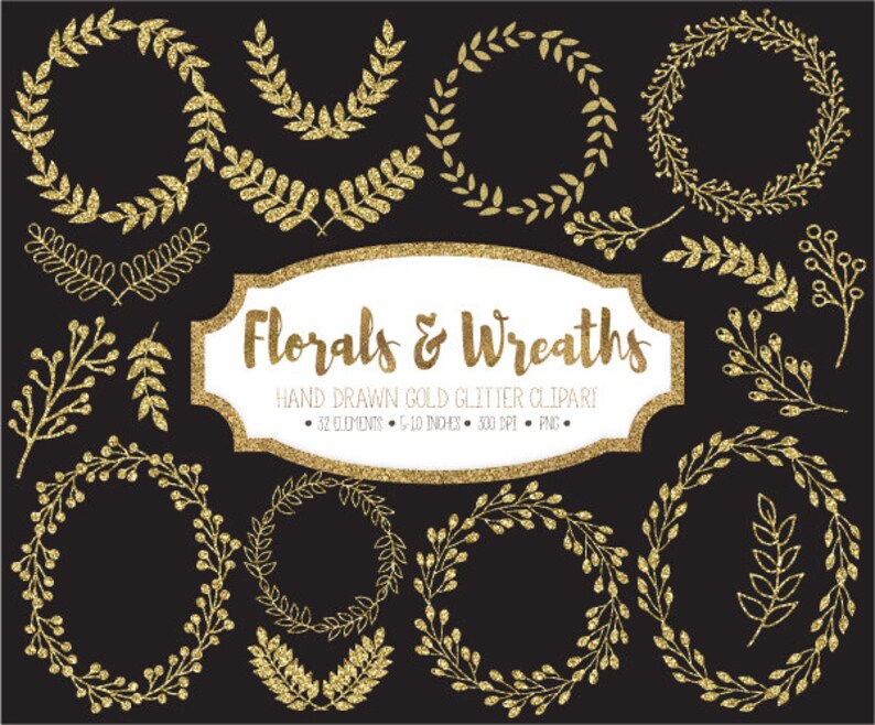 Gold Glitter Wreath & Laurels Clipart. Metallic Floral - Etsy