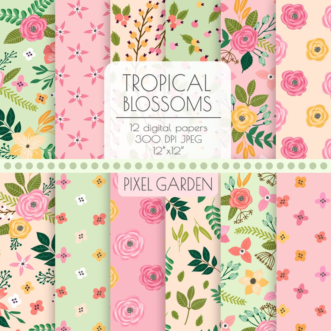 Bright Floral Digital Paper. Pink, Mint, Peach Cottage Chic ...