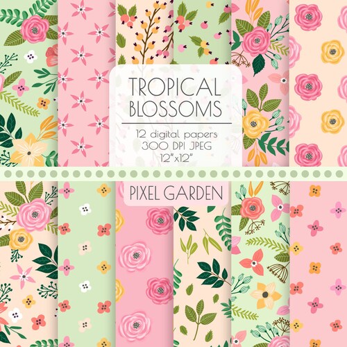 Mint Pink Floral Digital Paper. Cottage Chic Scrapbook Paper. - Etsy