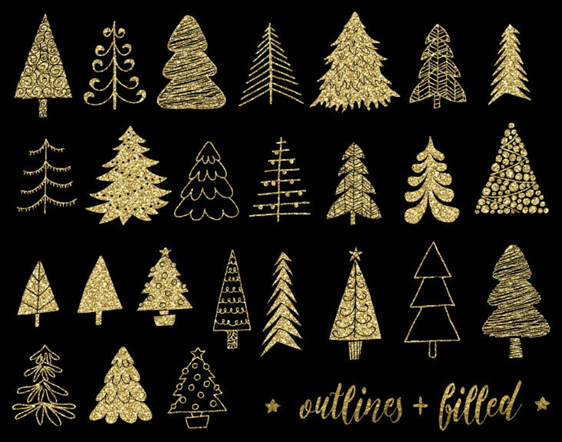 Gold Glitter Christmas Tree Clip Art. Doodle Christmas Trees - Etsy
