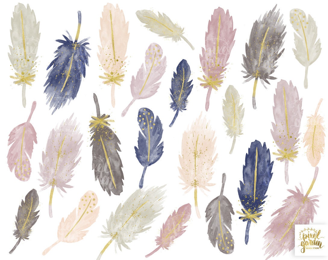 Watercolor Feather Clipart. Pastel Tribal Boho Clip Art. Gold | Etsy