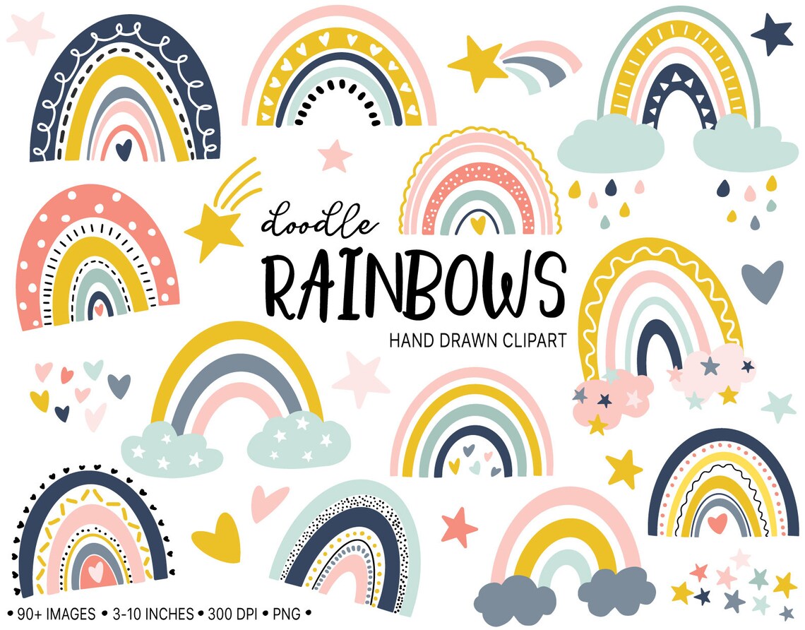 Doodle Pastel Rainbows Clip Art. Hand Drawn Nursery Art. Boho | Etsy