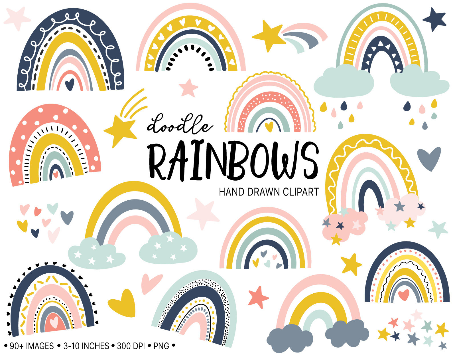 Doodle Pastel Rainbows Clip Art. Hand Drawn Nursery Art. Boho Rainbow ...