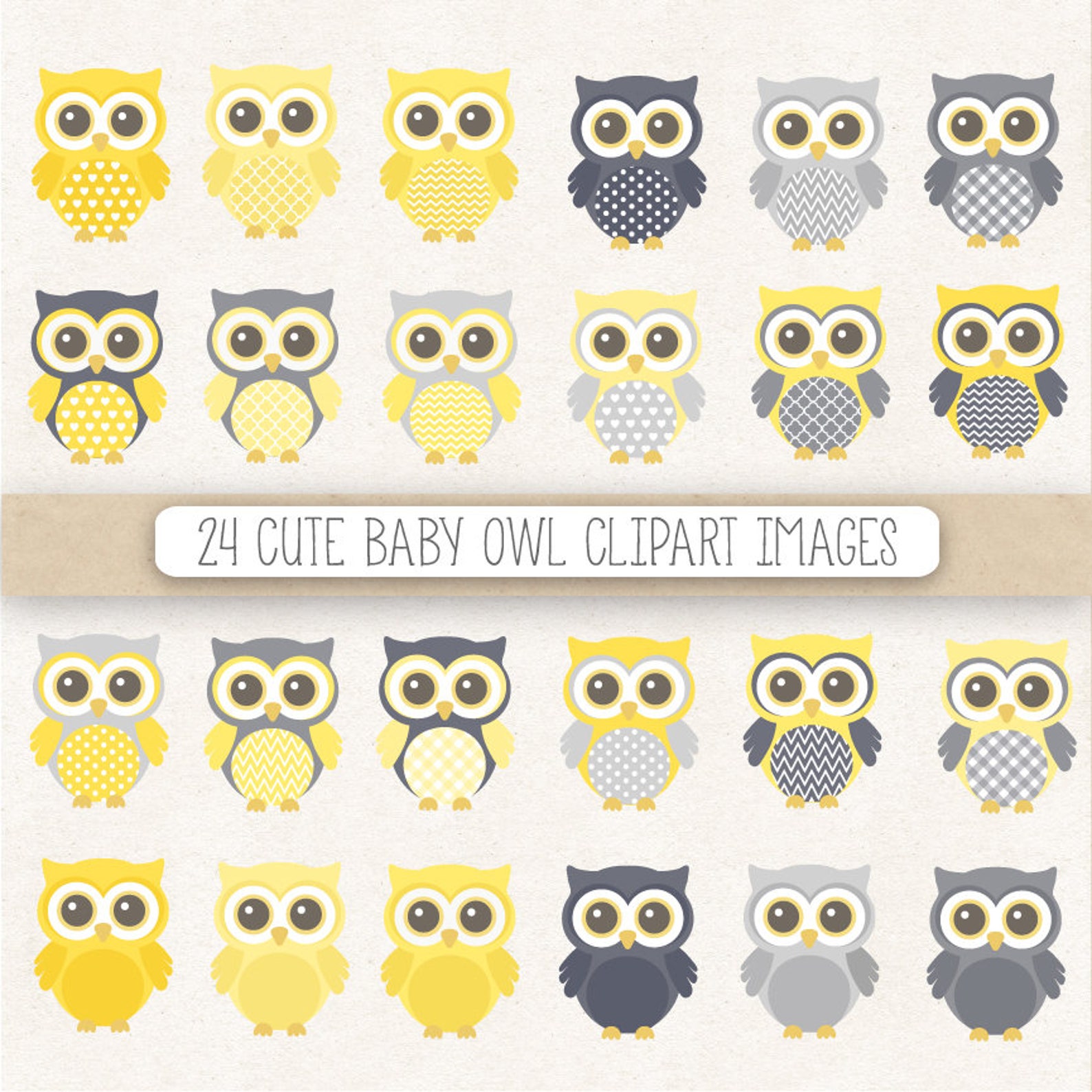 Baby Owl Clip Art. Nursery Yellow Gray Baby Shower Clipart. | Etsy
