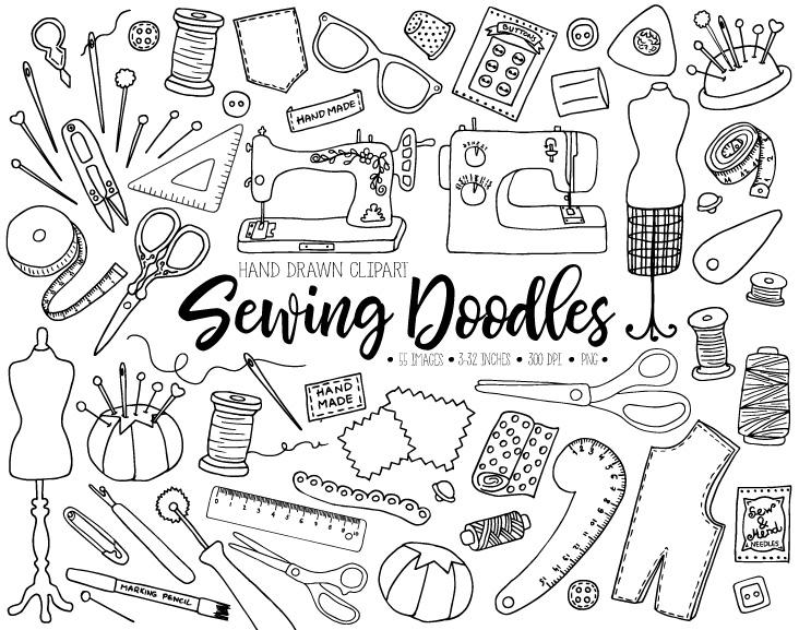 Hand Drawn Sewing Clipart. Doodle Dressmaking Clip Art. | Etsy
